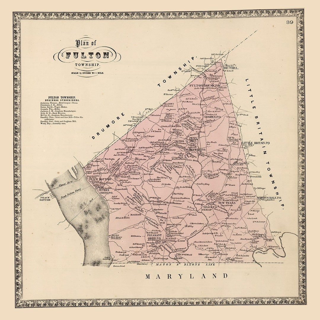 1864 Map of Fulton Township Lancaster County Pennsylvania - Etsy