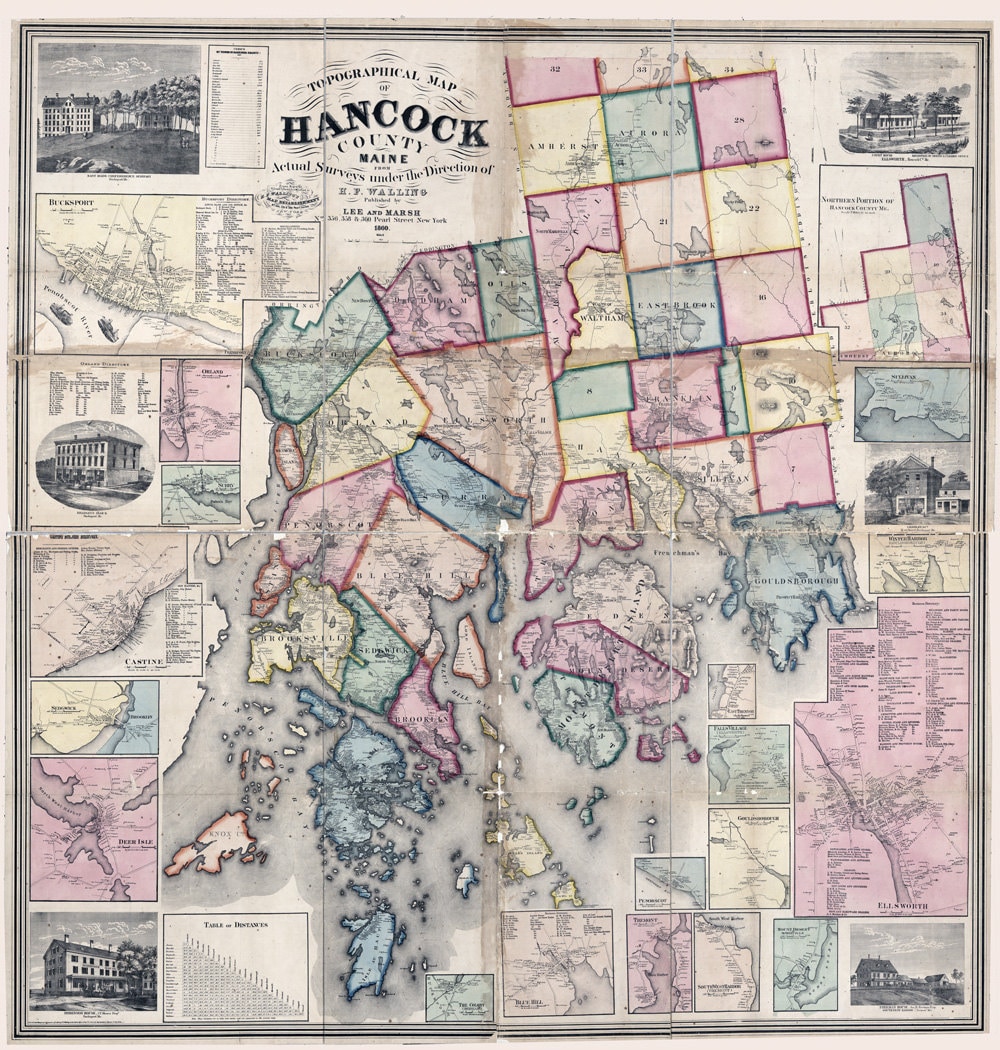 1860 Map of Hancock County Maine Ellsworth Genealogy - Etsy