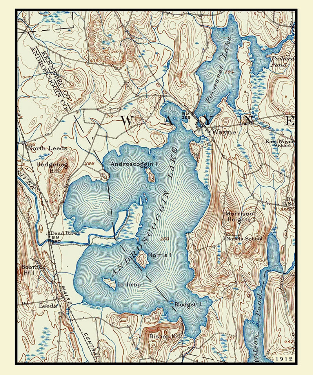 1912 Map of Lake Androscoggin Maine - Etsy