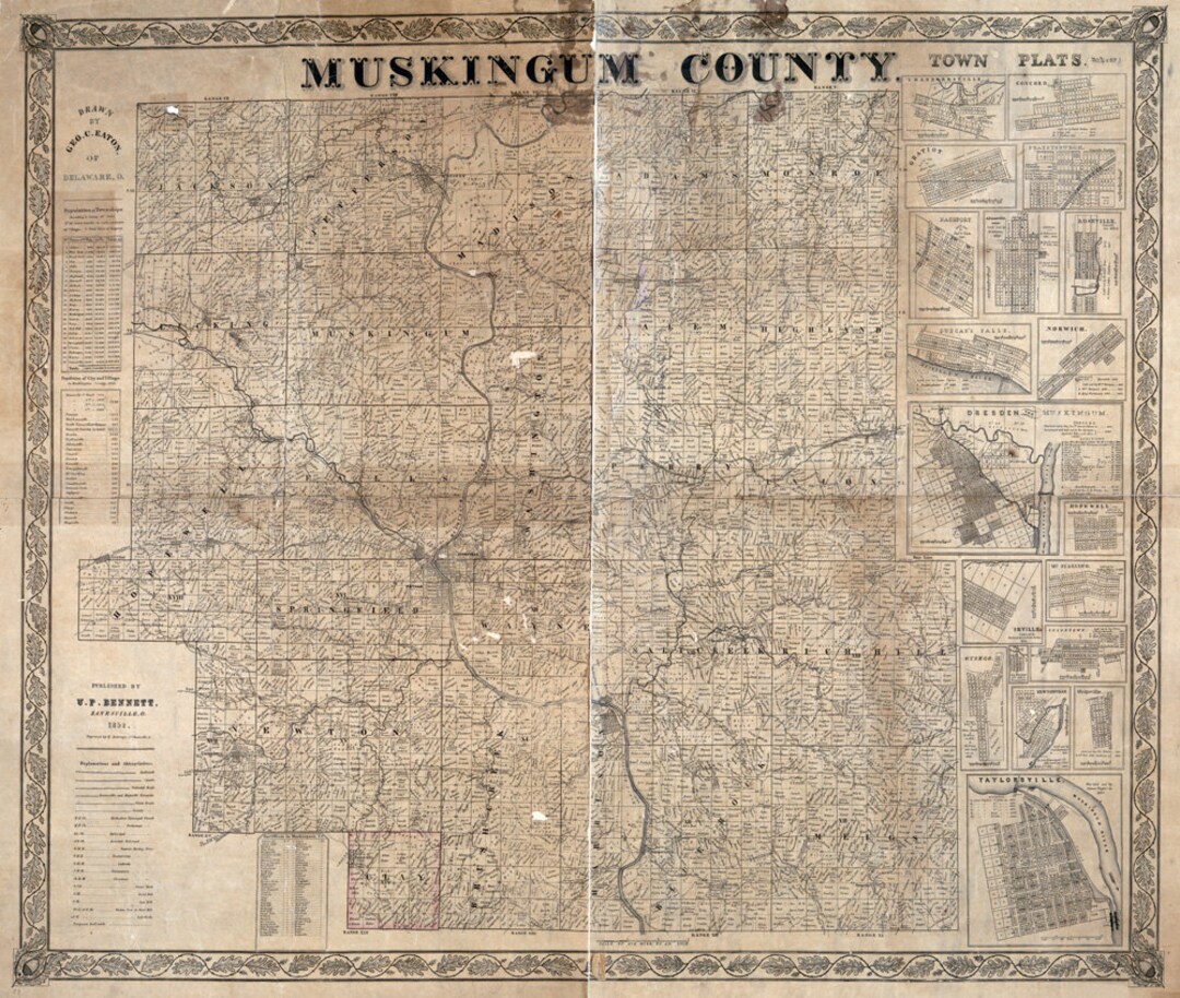 1852 Farm Line Map of Muskingum County Ohio Zanesville - Etsy