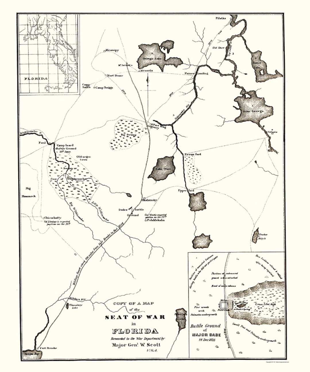 1835 Map of the Florida Seminole Wars - Etsy