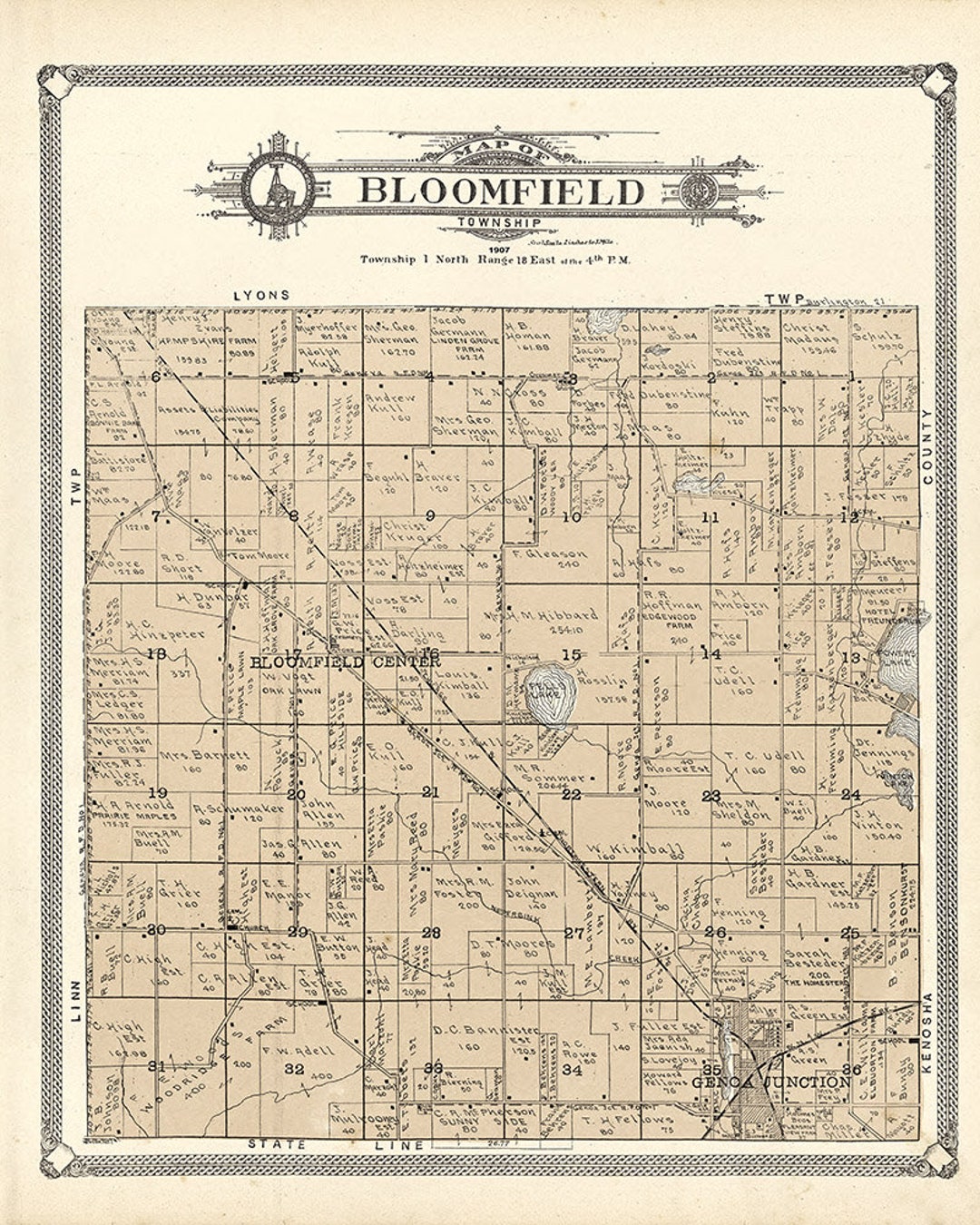 1907 Map of Bloomfield Township Walworth County Wisconsin - Etsy