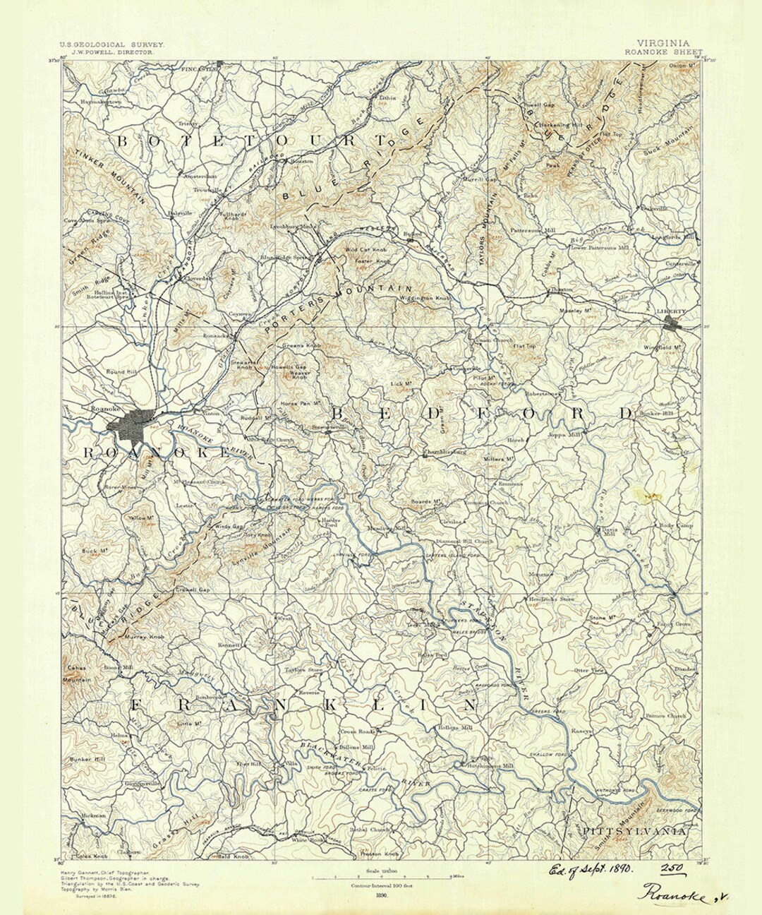 1890 Topo Map of Roanoke Virginia Quadrangle - Etsy