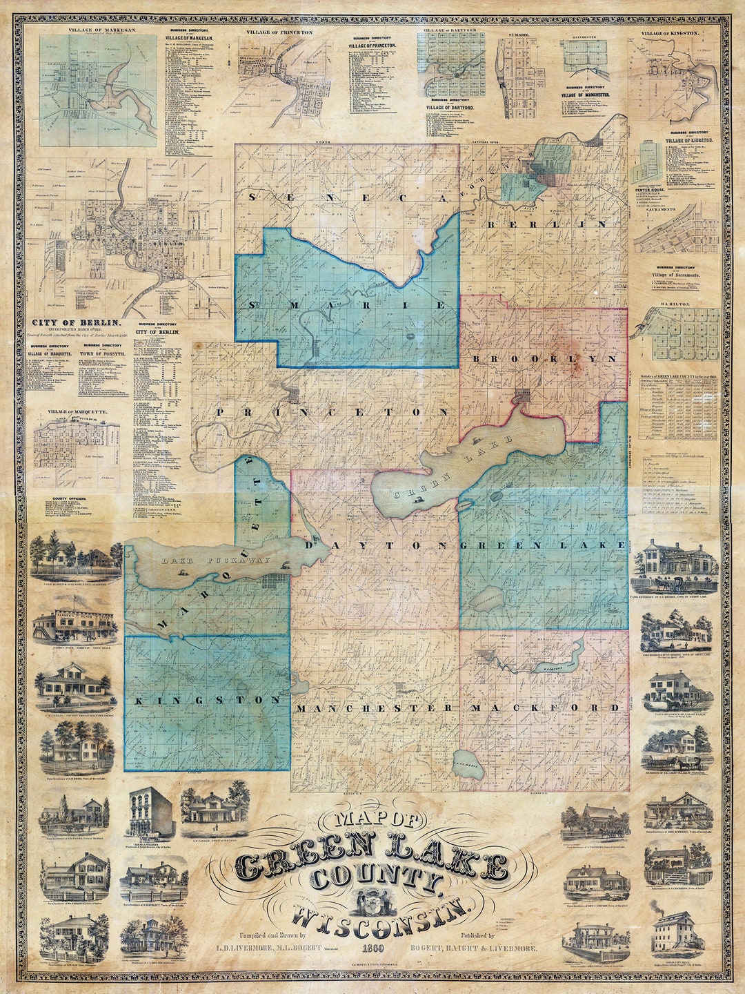 1860 Farm Line Map of Green Lake County Wisconsin - Etsy