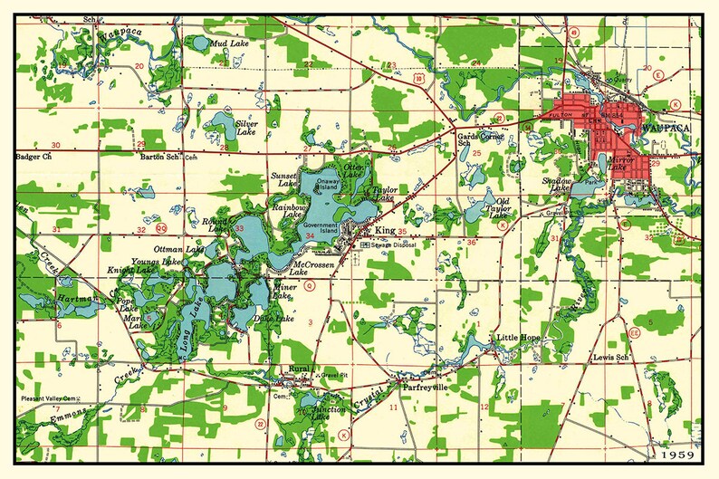 1959 Map of Waupaca Wisconsin and Chain O Lakes - Etsy