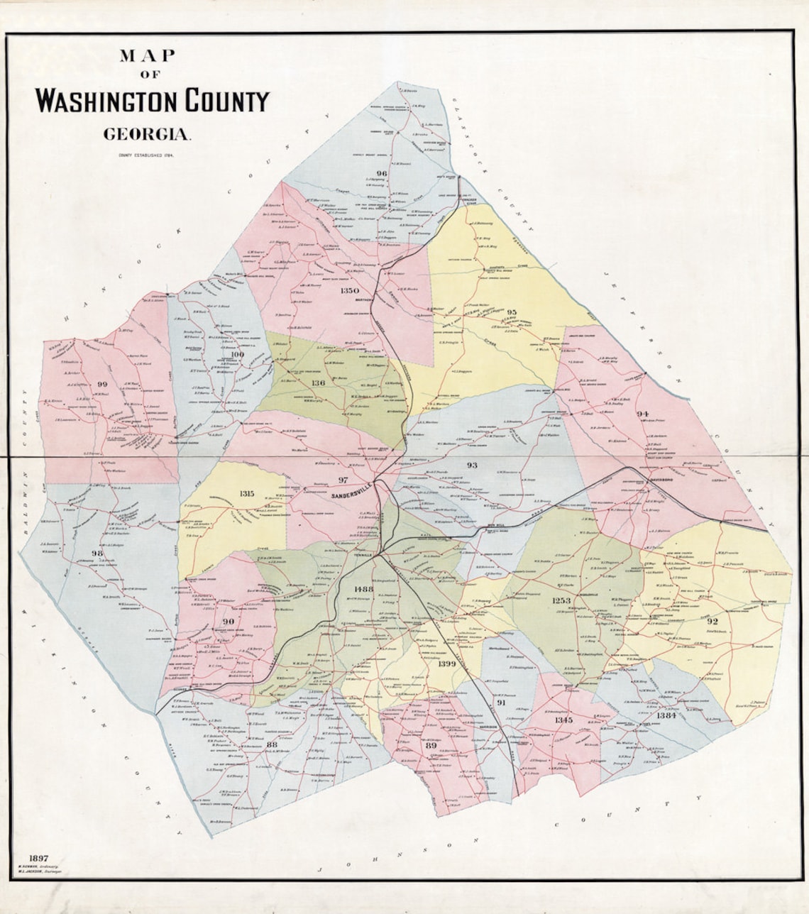 1897 Map of Washington County Georgia Sandersville Landowner - Etsy