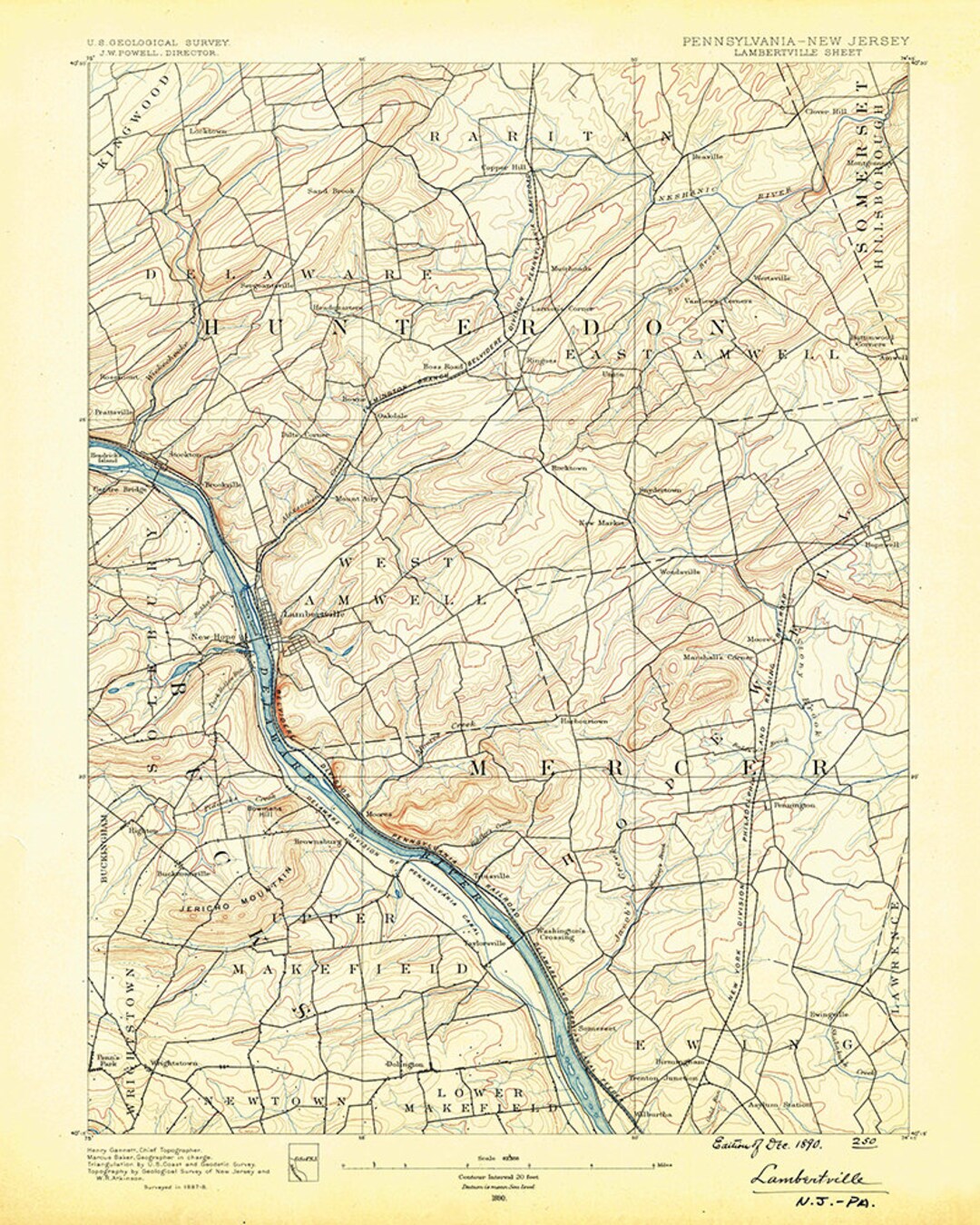 1890 Topo Map of Lambertville Quad Hunterdon and Bucks County - Etsy
