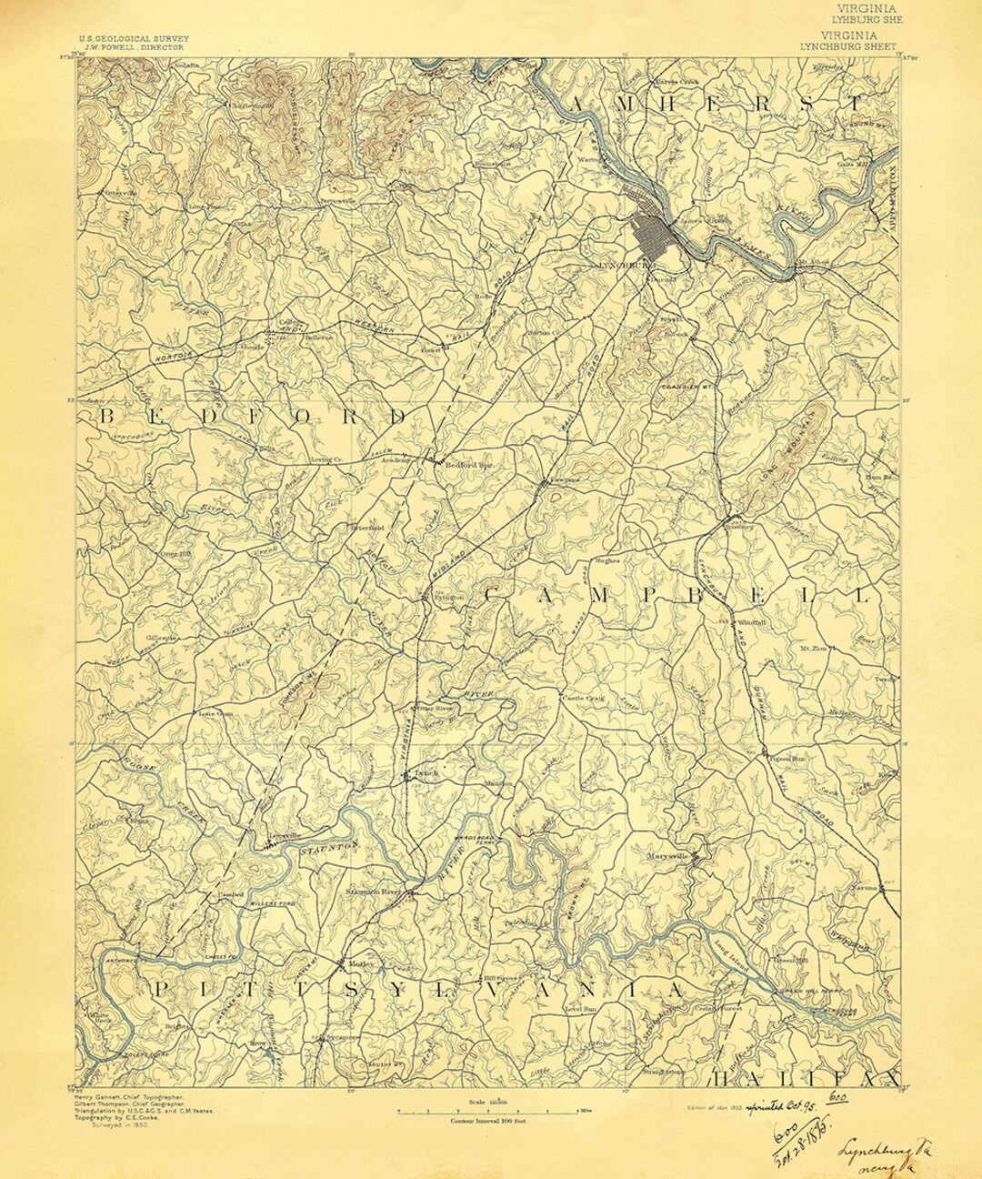 1892 Topo Map of Lynchburg Virginia Quadrangle - Etsy