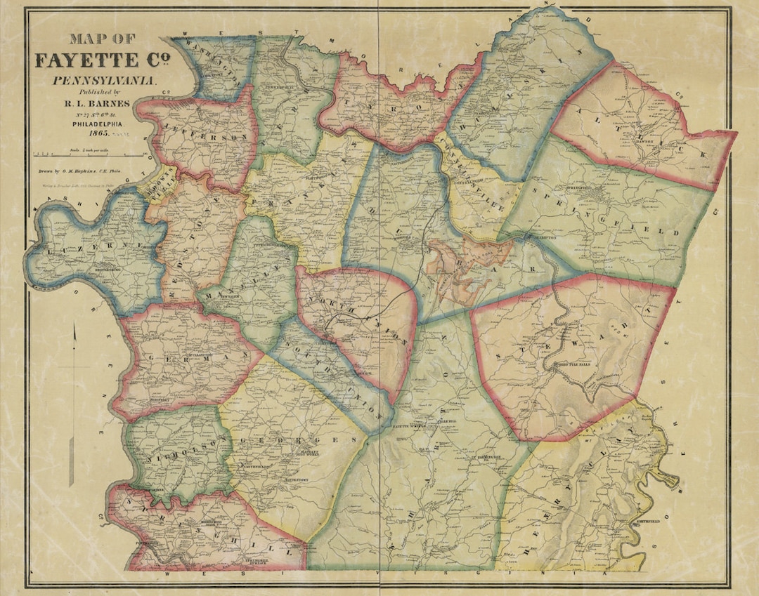 1865 Map of Fayette County Pa Uniontown Monongahela River Coal ...