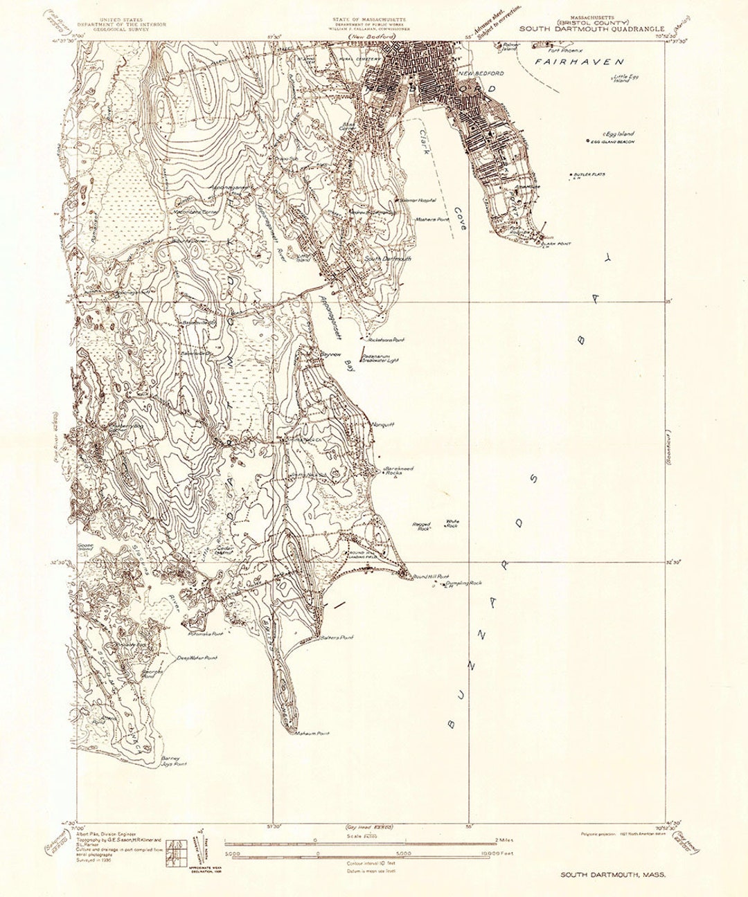 1936 Topo Map of South Dartmouth Massachusetts Quadrangle - Etsy