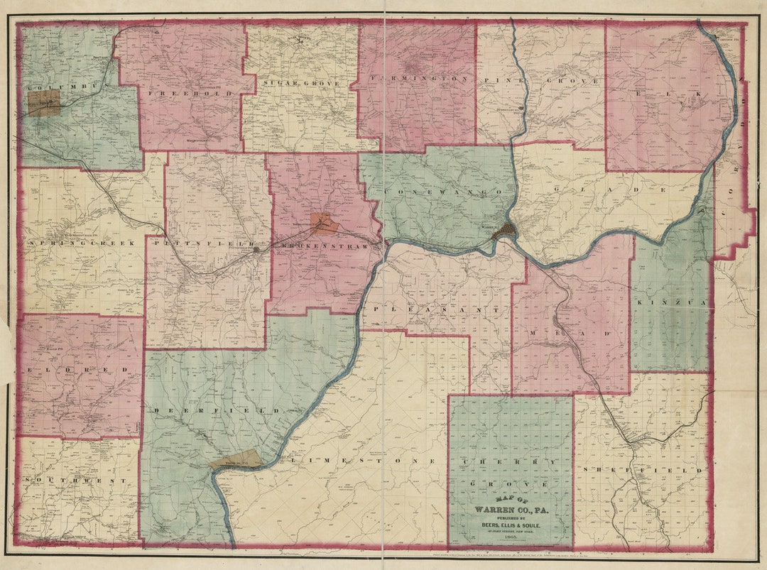 1865 Farm Line Map of Warren County PA Oil & Gas Region Youngsville ...
