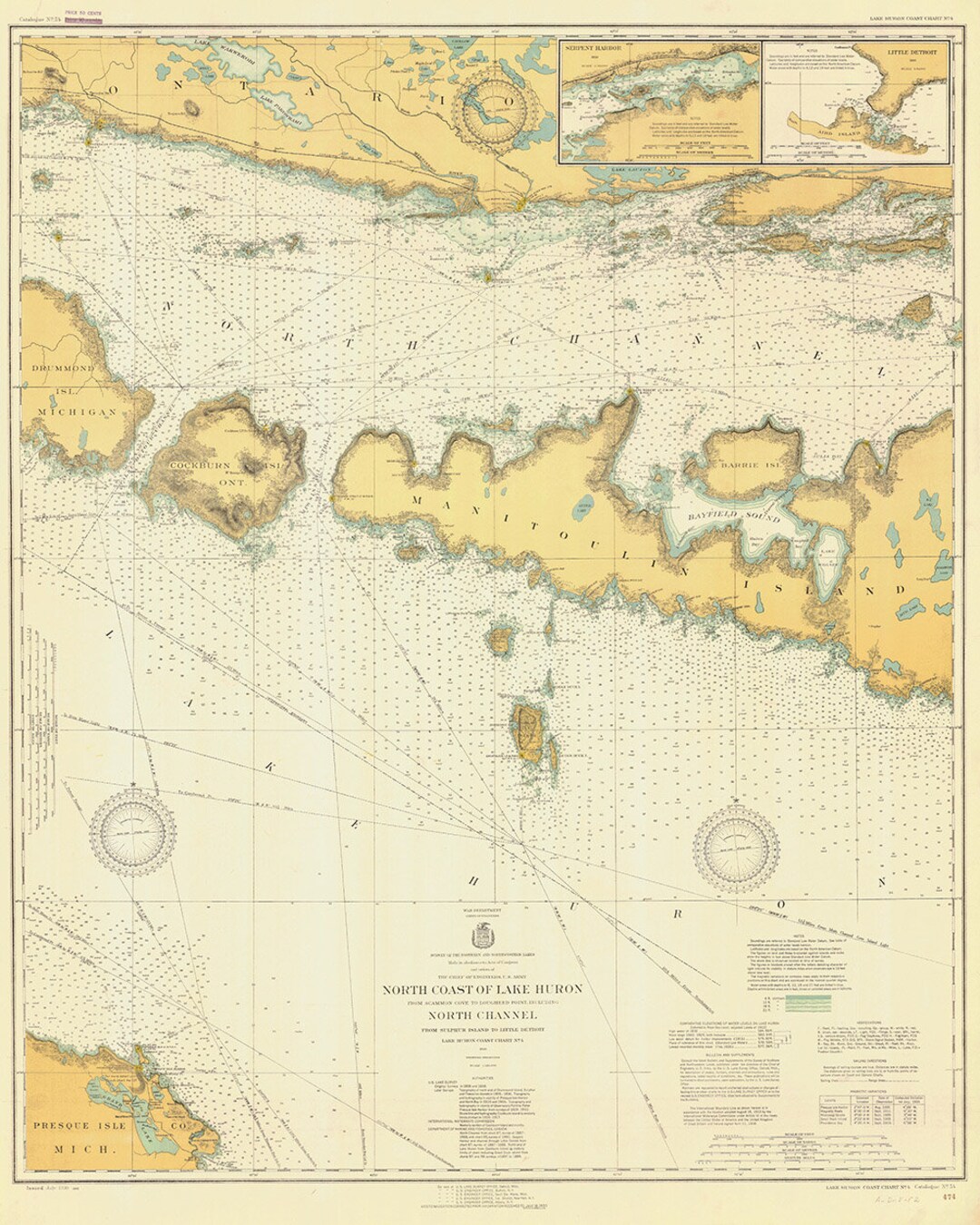 1930 Nautical Map of North Coast of Lake Huron North Channel - Etsy
