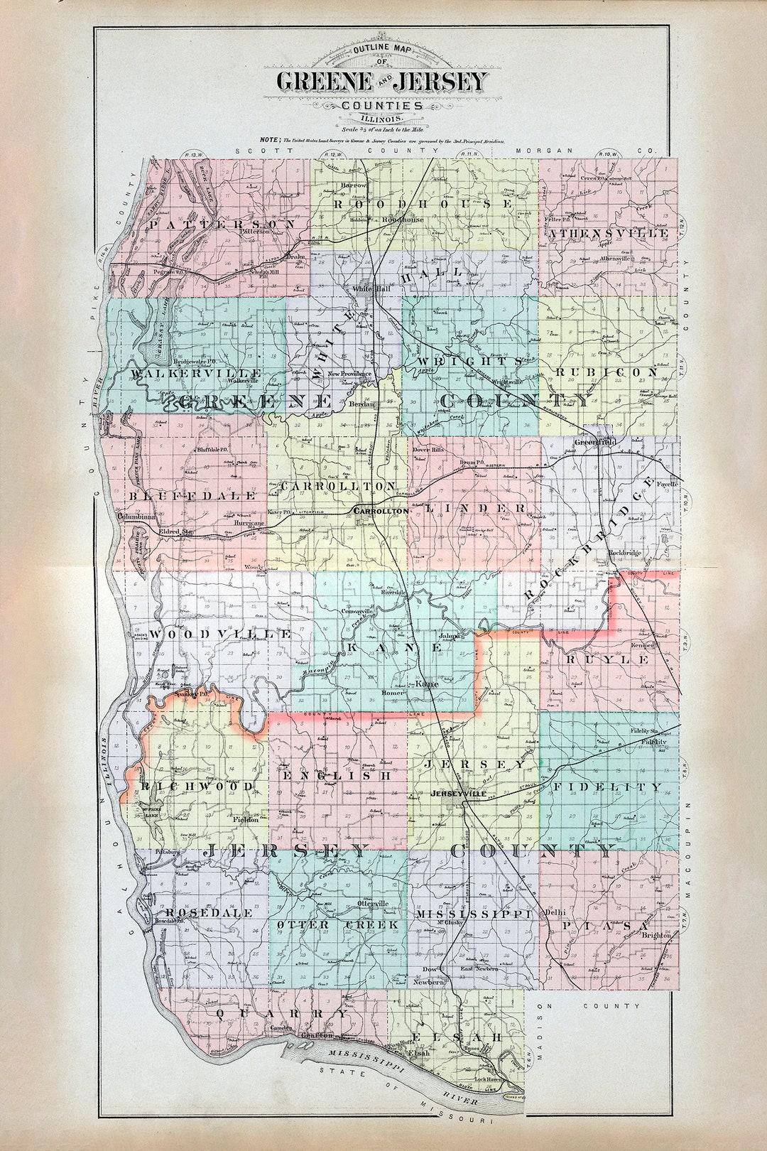 1893 Map of Greene and Jersey County Illinois - Etsy