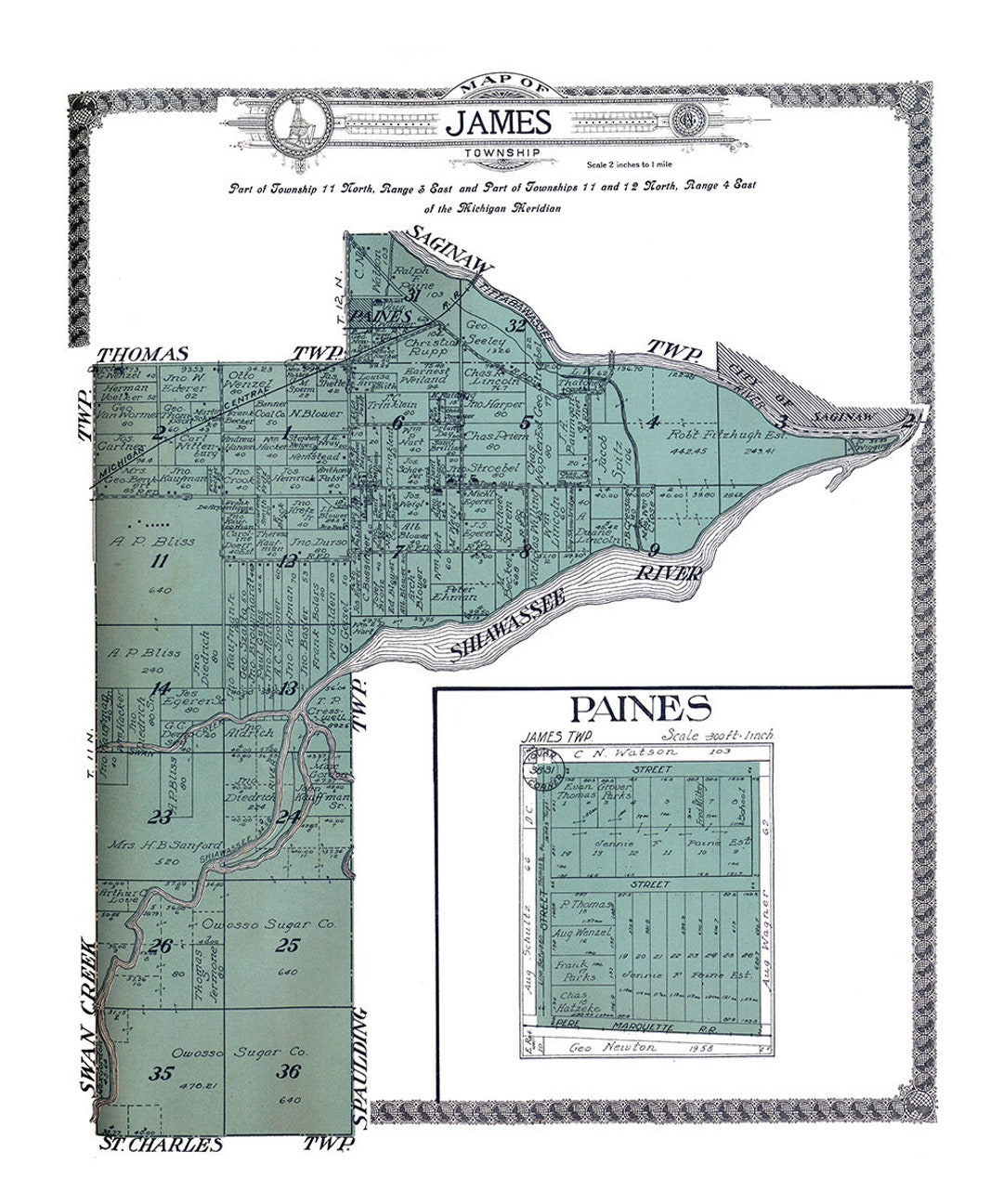 1916 Map of James Township Saginaw County Michigan - Etsy