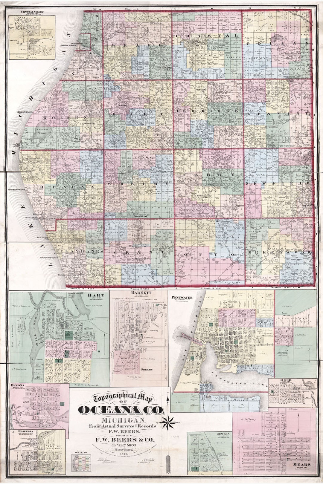 1876 Farm Line Map of Oceana County Michigan Barnett Hart Pentwater - Etsy