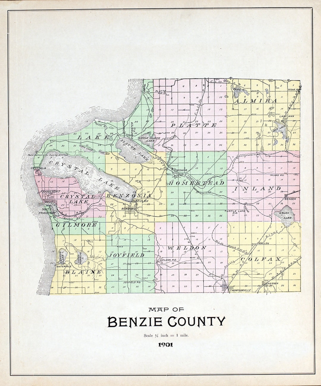 1901 Map of Benzie County Michigan - Etsy