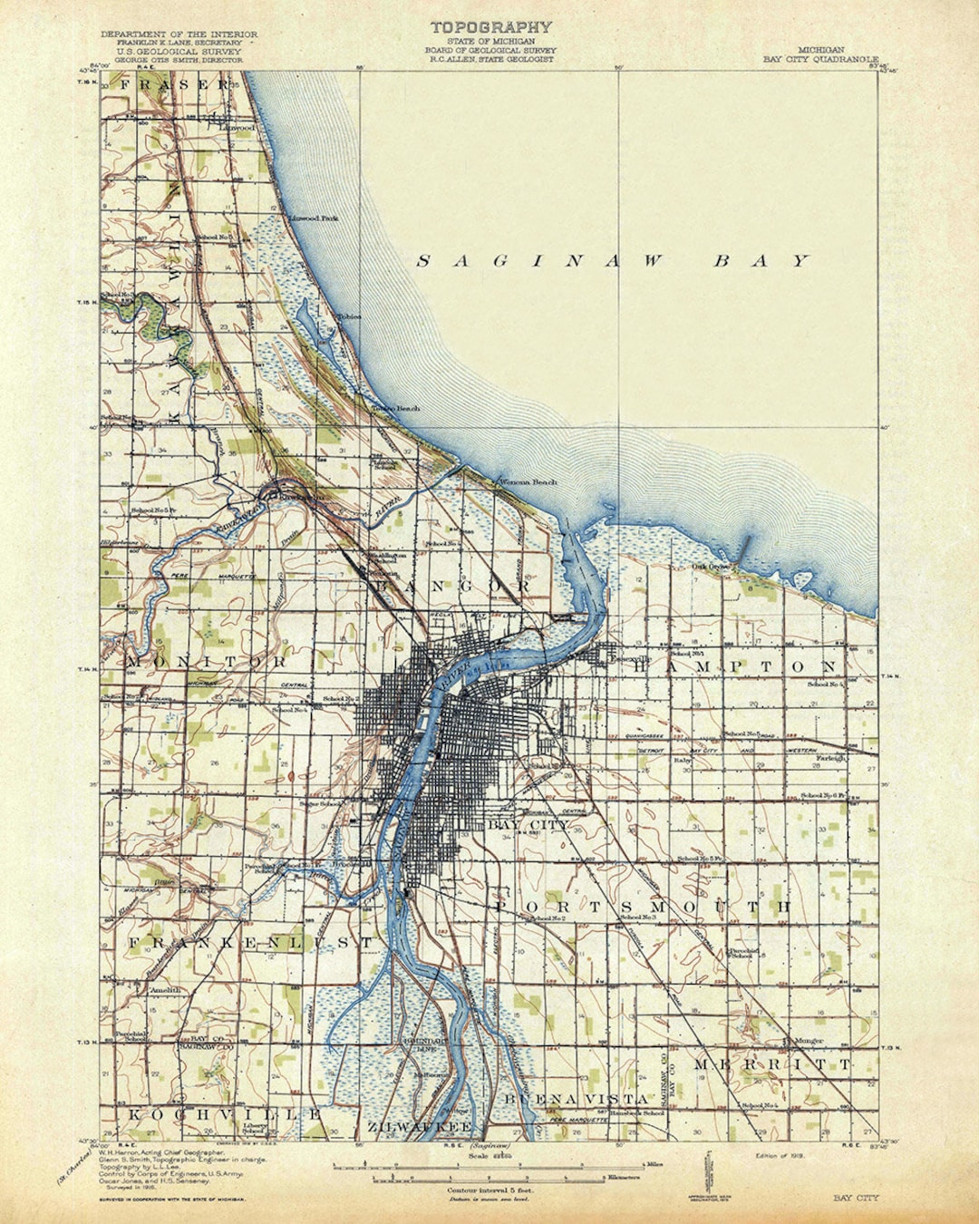 1916 Topo Map of Bay City Michigan Saginaw Bay - Etsy