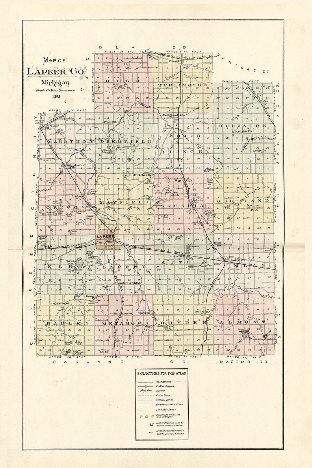 1893 Map of Lapeer County Michigan - Etsy