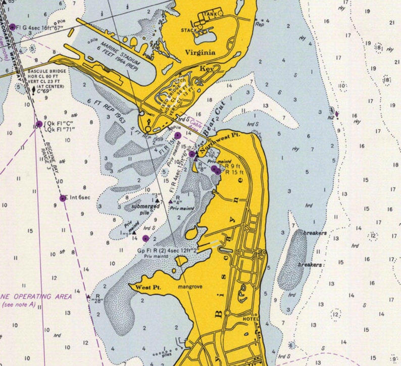 1966 Nautical Map of Miami to Elliot Key & Key Biscayne - Etsy