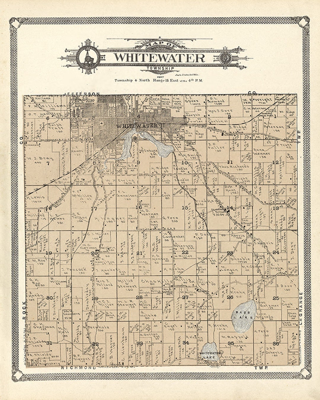 1907 Map of Whitewater Township Walworth County Wisconsin - Etsy