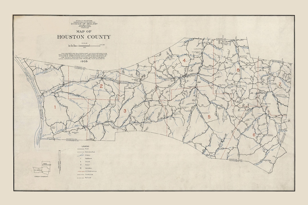 1935 Map of Houston County Tennessee - Etsy