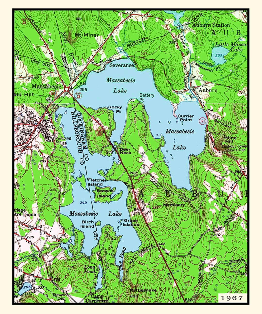 1967 Map of Massabesic Lake New Hampshire - Etsy