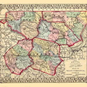 1873 Map of Wetzel Monongalia Marion Doddridge and Harrison County West ...