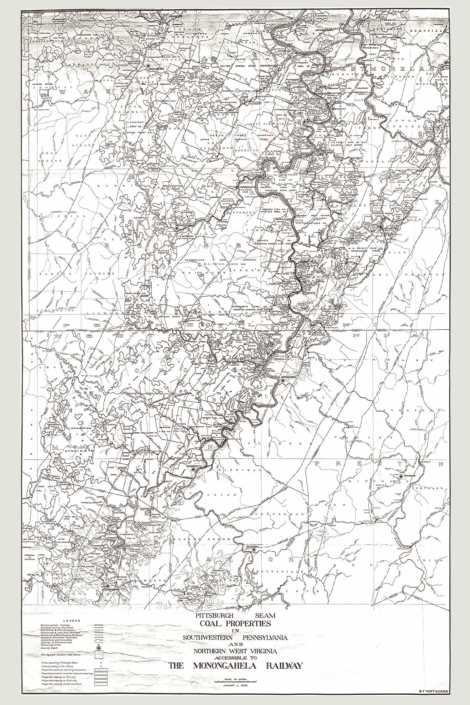 1939 Map of Pittsburgh Coal Seam Properties Pennsylvania West Virginia ...