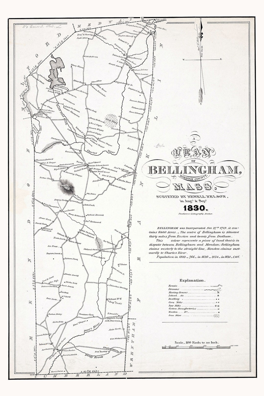 1830 Town Map of Bellingham Norfolk County Massachusetts - Etsy
