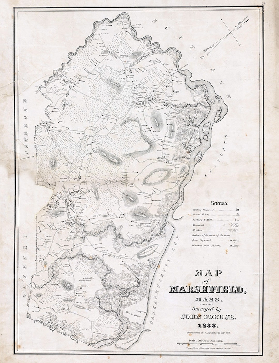 1838 Map of Marshfield Massachusetts - Etsy