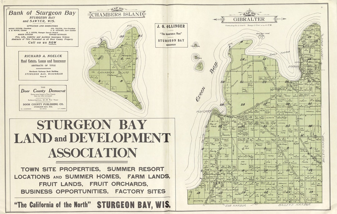 1914 Map of Chambers Island Gibralter Township Door County Wisconsin - Etsy