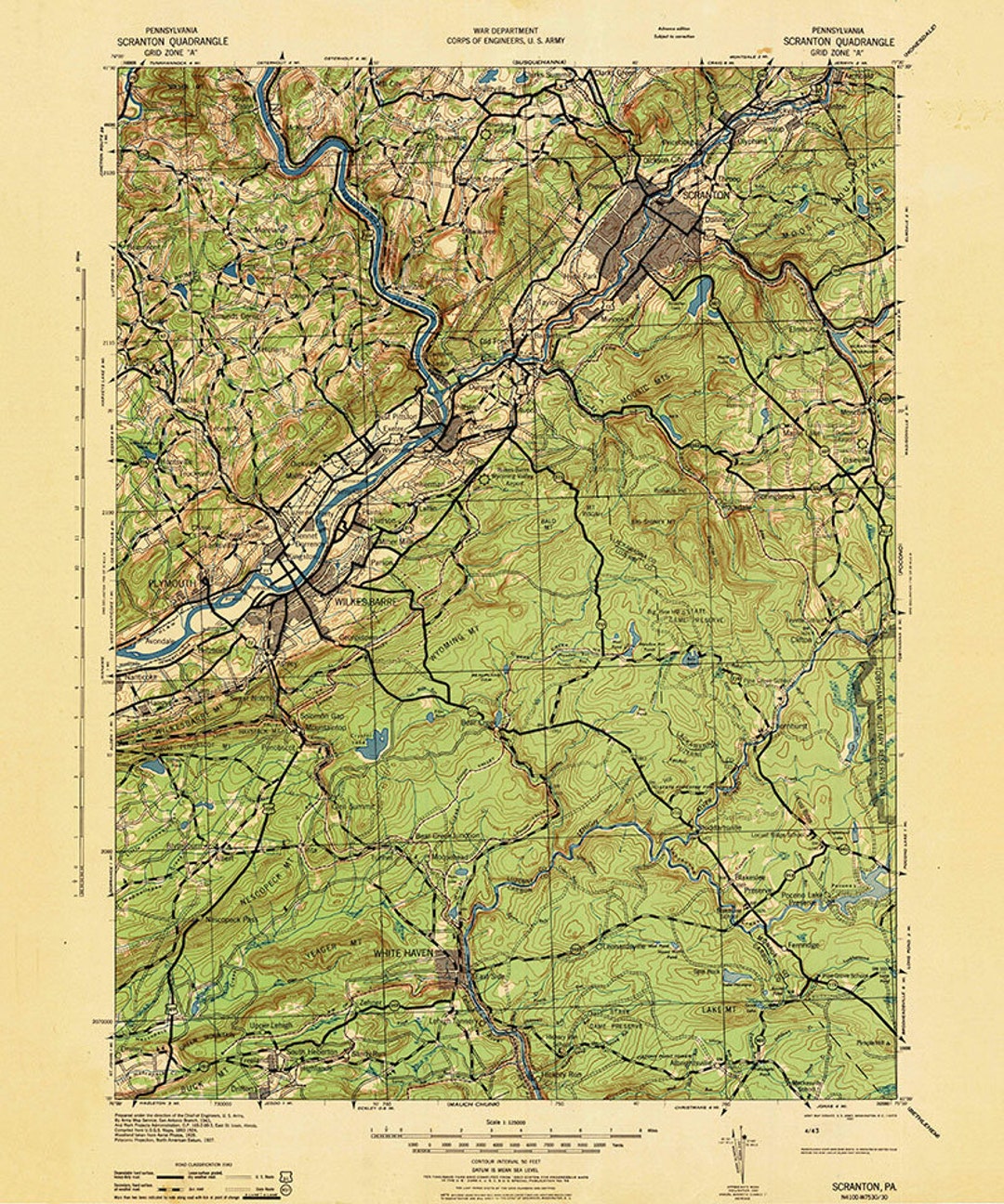 1943 Topo Map of Scranton Pennsylvania Quadrangle - Etsy