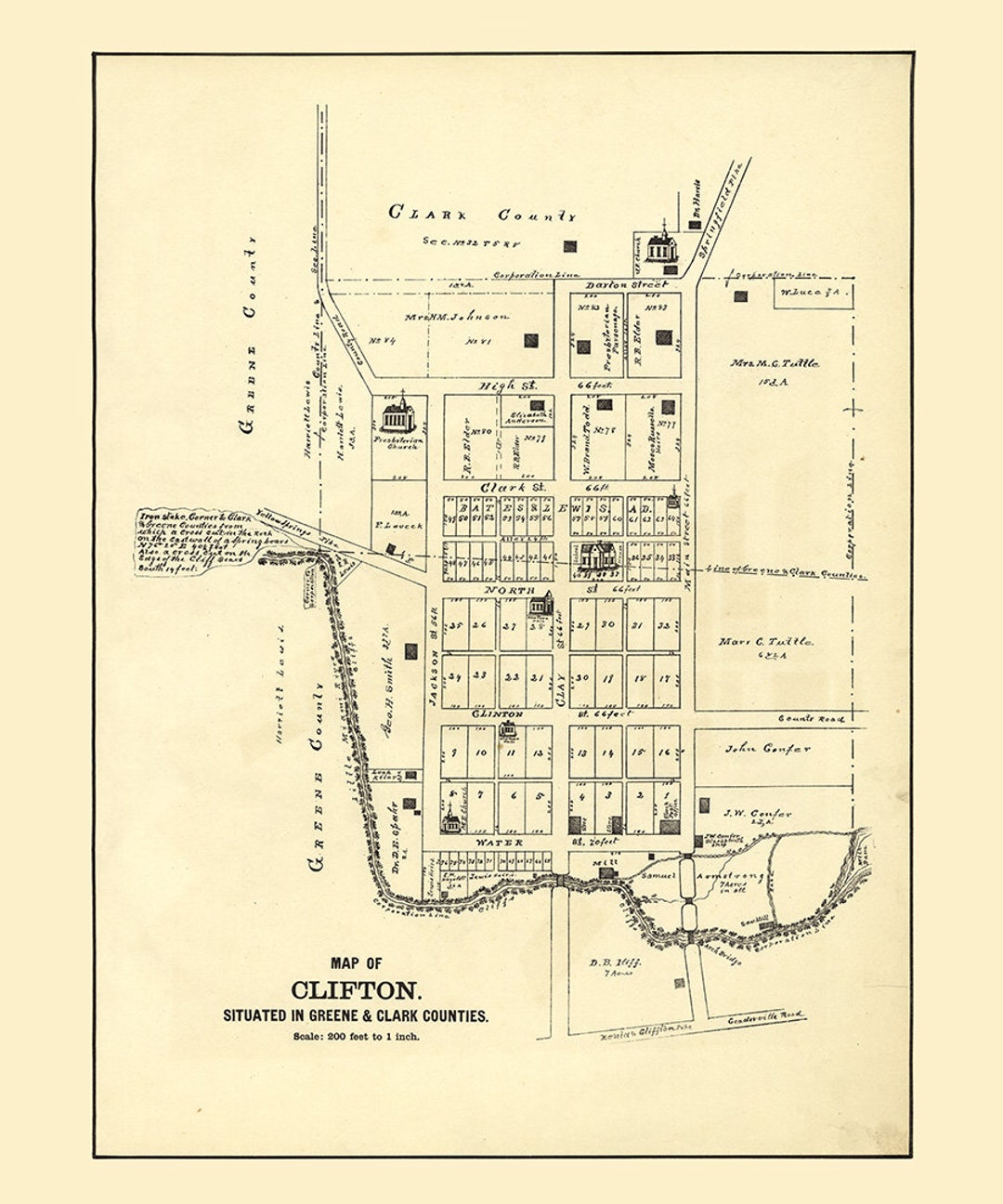 1896 Town Map of Clifton Greene & Clark County Ohio - Etsy