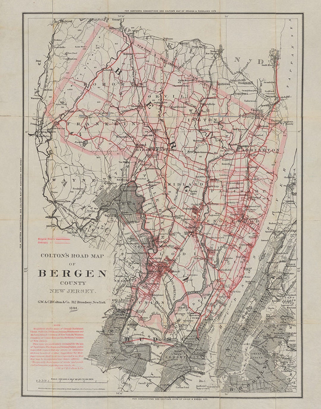 1894 Map of Bergen County New Jersey - Etsy