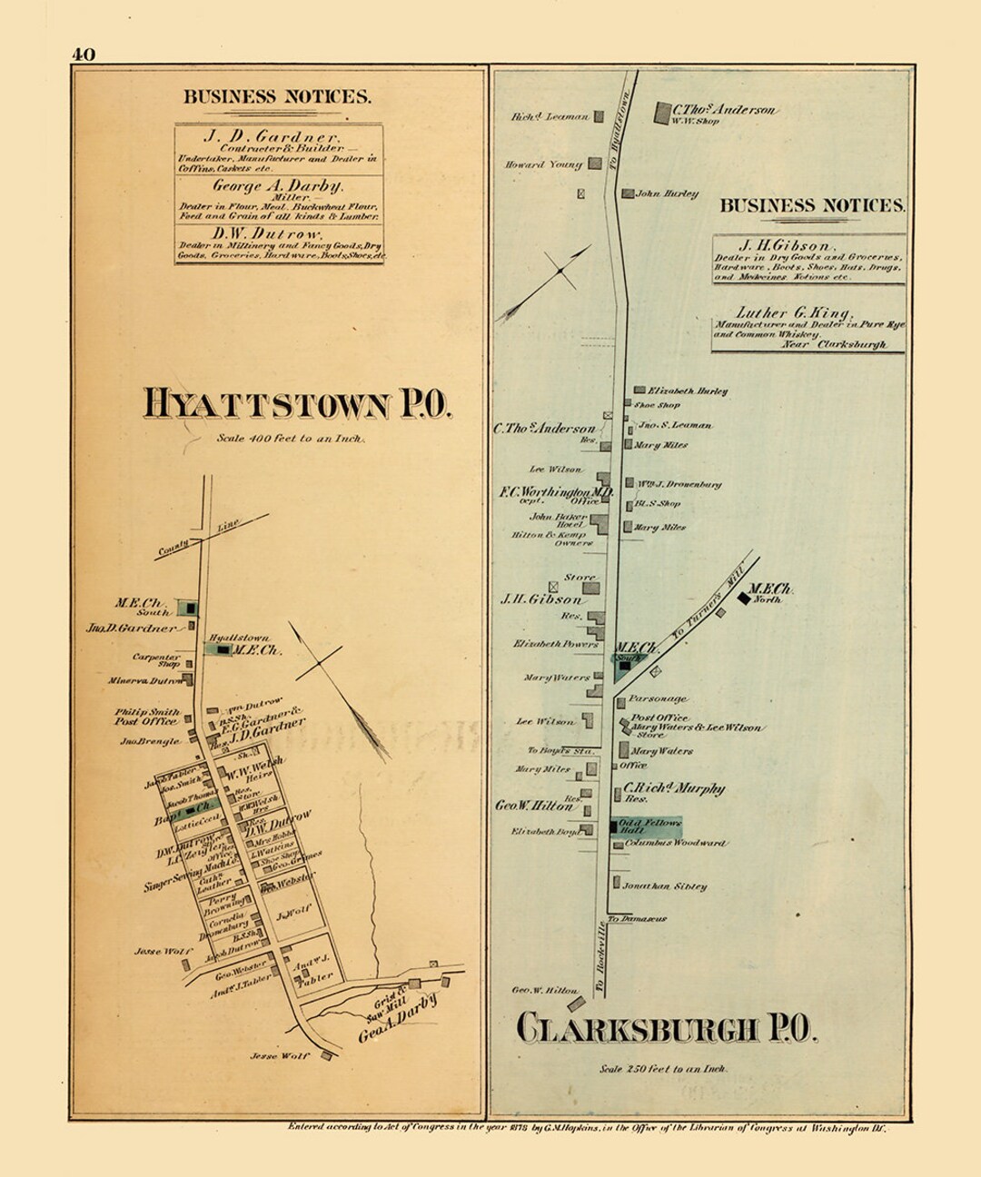 1879 Map of Hyattstown and Clarksburgh Maryland - Etsy