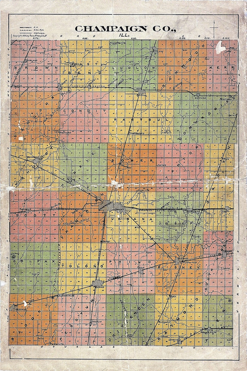 1909 Map of Champaign County Illinois - Etsy