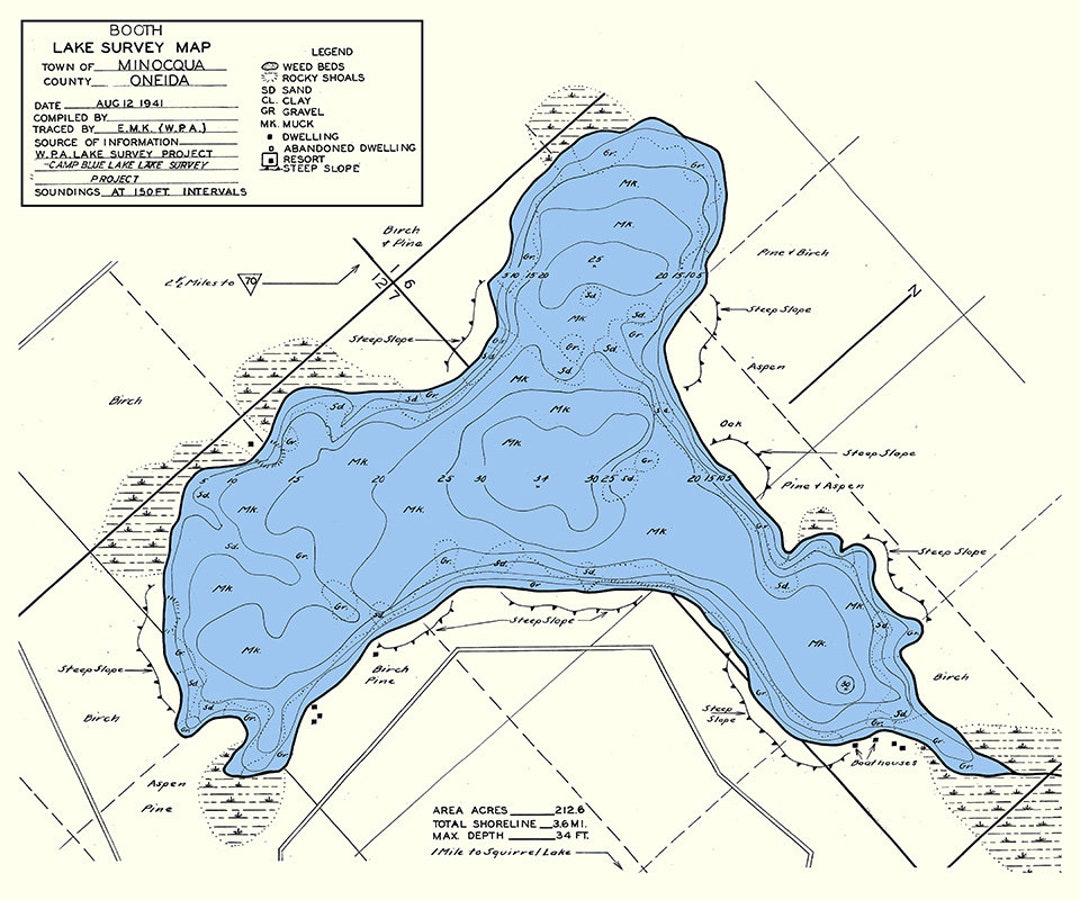 1941 Map of Booth Lake Oneida County Wisconsin - Etsy