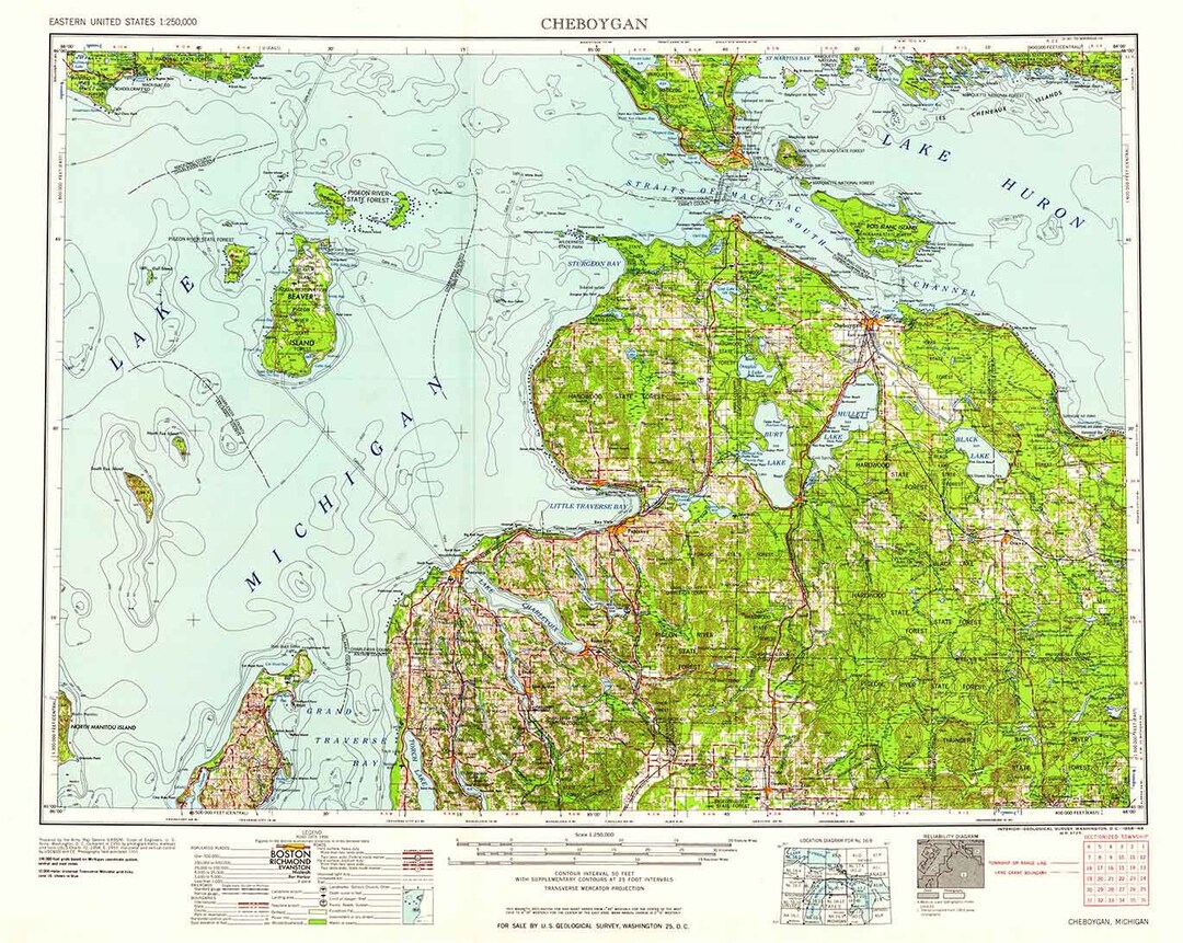 1958 Topo Map of Cheboygan Michigan Beaver Island Lake Huron Lake ...