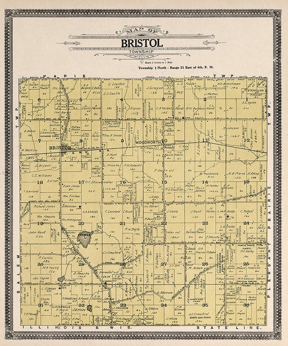1908 Map of Bristol Township Kenosha County Wisconsin - Etsy