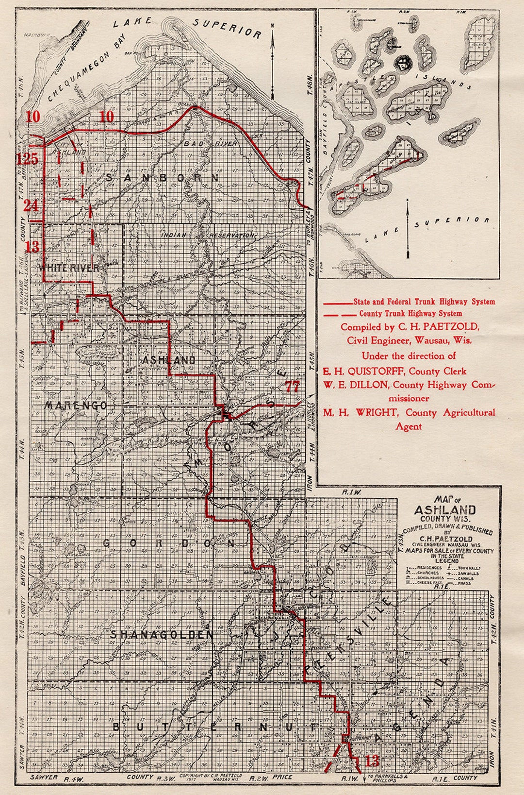 1917 Map of Ashland County Wisconsin Highway System - Etsy