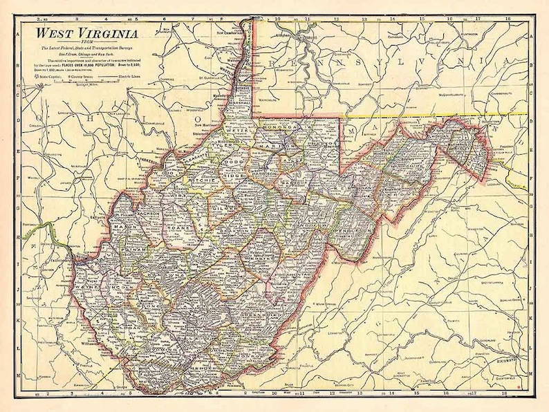 1911 Mapa del Estado de Virginia Occidental - Etsy España