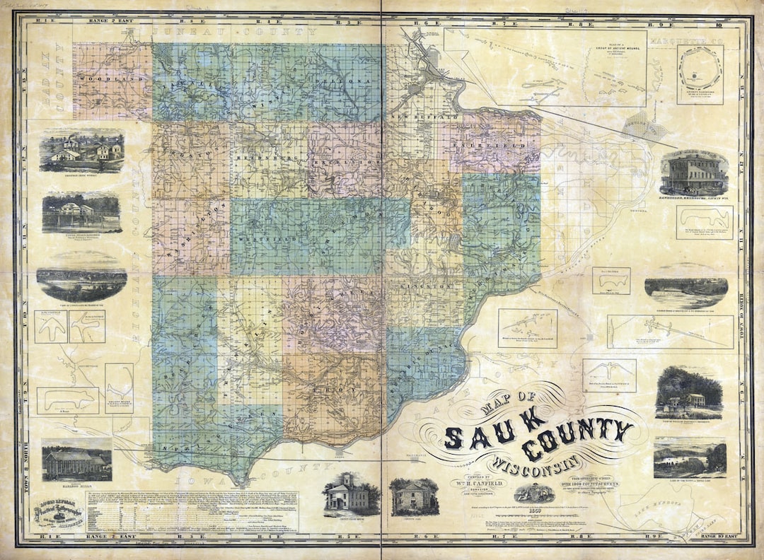 1859 Map of Sauk County Wisconsin Baraboo - Etsy
