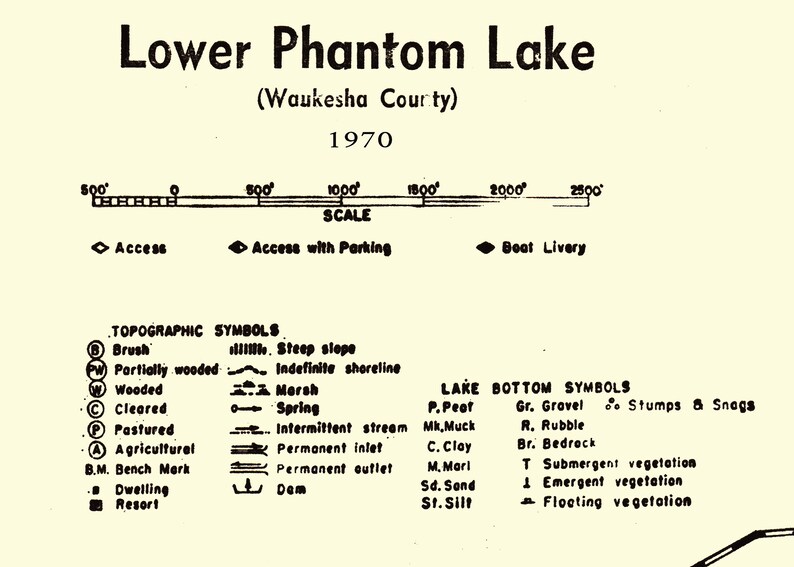 1970 Map of Upper Phantom & Lower Phantom Lake Waukesha County ...