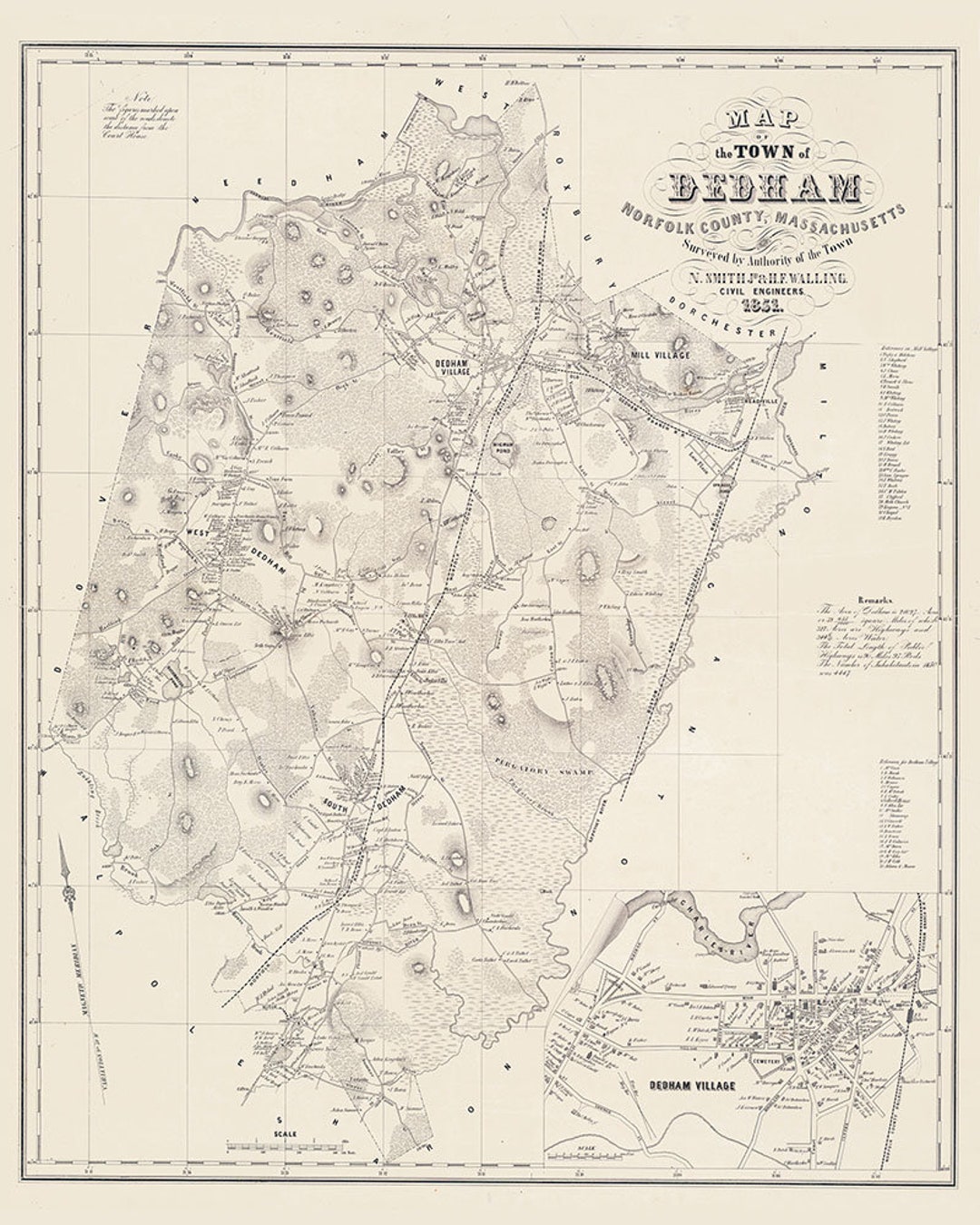 1851 Town Map of Dedham Norfolk County Massachusetts - Etsy