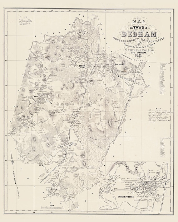 1851 Town Map of Dedham Norfolk County Massachusetts | Etsy