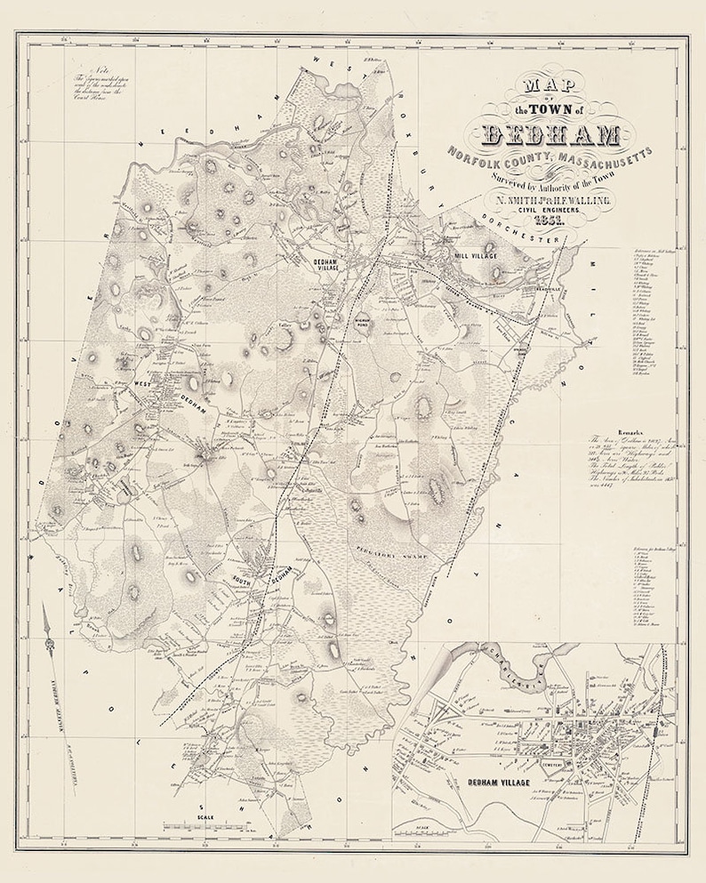 1851 Town Map of Dedham Norfolk County Massachusetts | Etsy