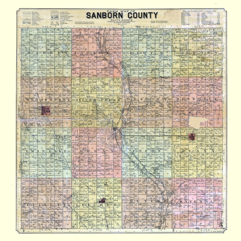 1901 Farm Line Map of Sanborn County South Dakota - Etsy