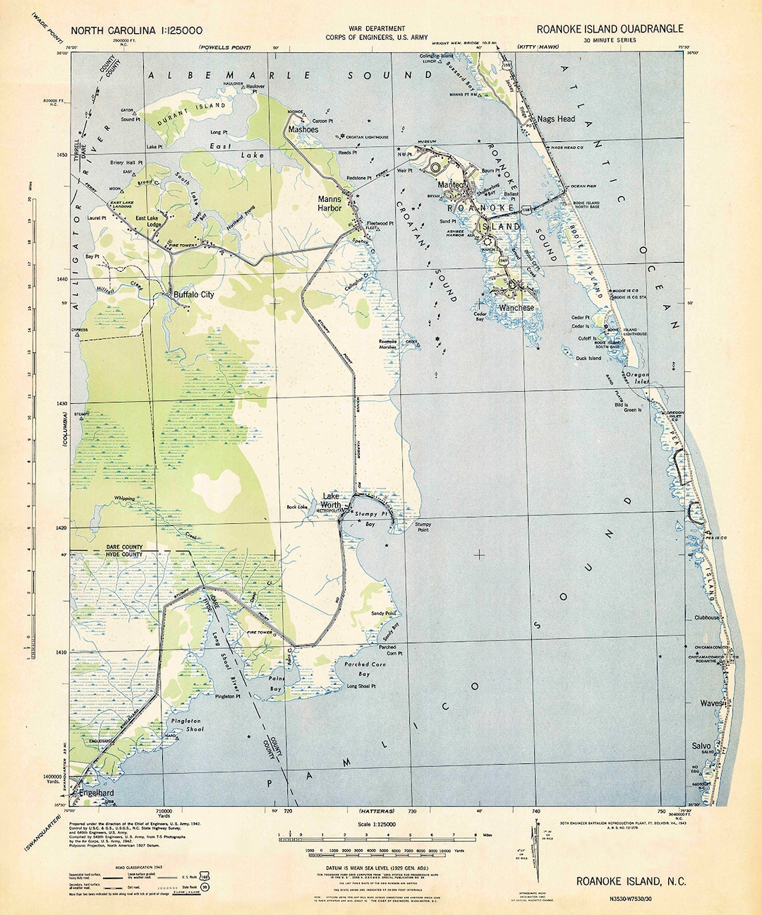 1943 Topo Map of Roanoke Island North Carolina - Etsy