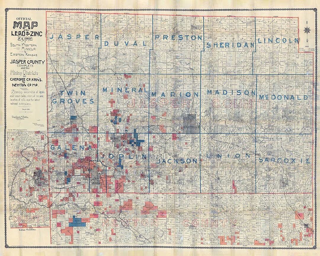 1900 Farm Line & Mining Map of Jasper County Missouri and Adjoining ...