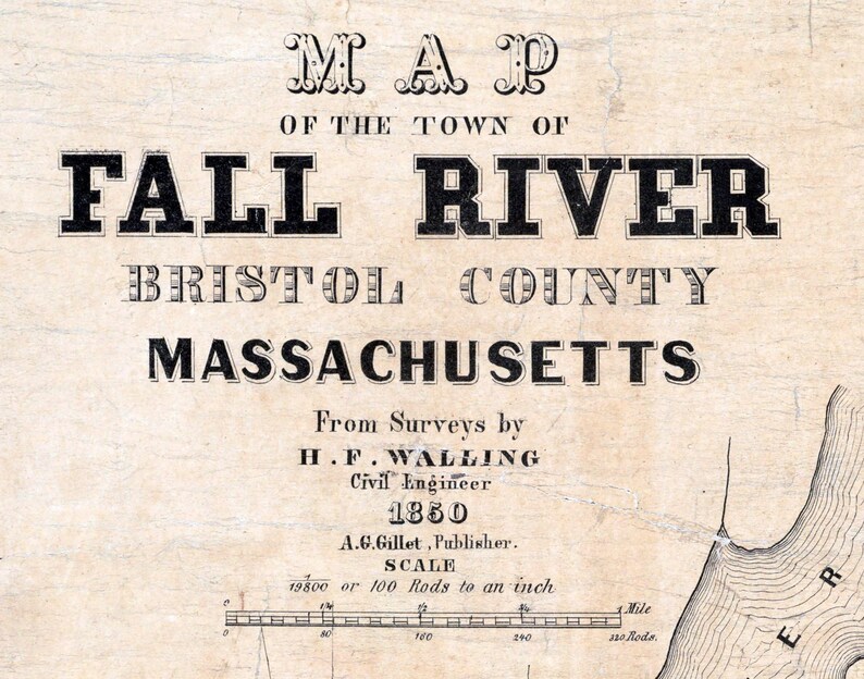 1850 Town Map of Fall River Bristol County Massachusetts - Etsy